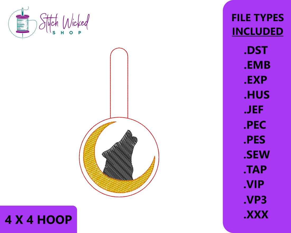 Machine Embroidery Key Fob Design, Wolf Moon Silhouette Sketch Fill Ke ...